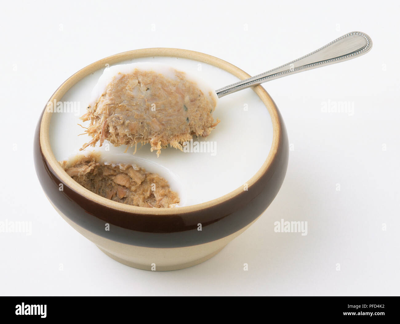 Rillettes, a traditional French pork spread, in ceramic bowl and on ...