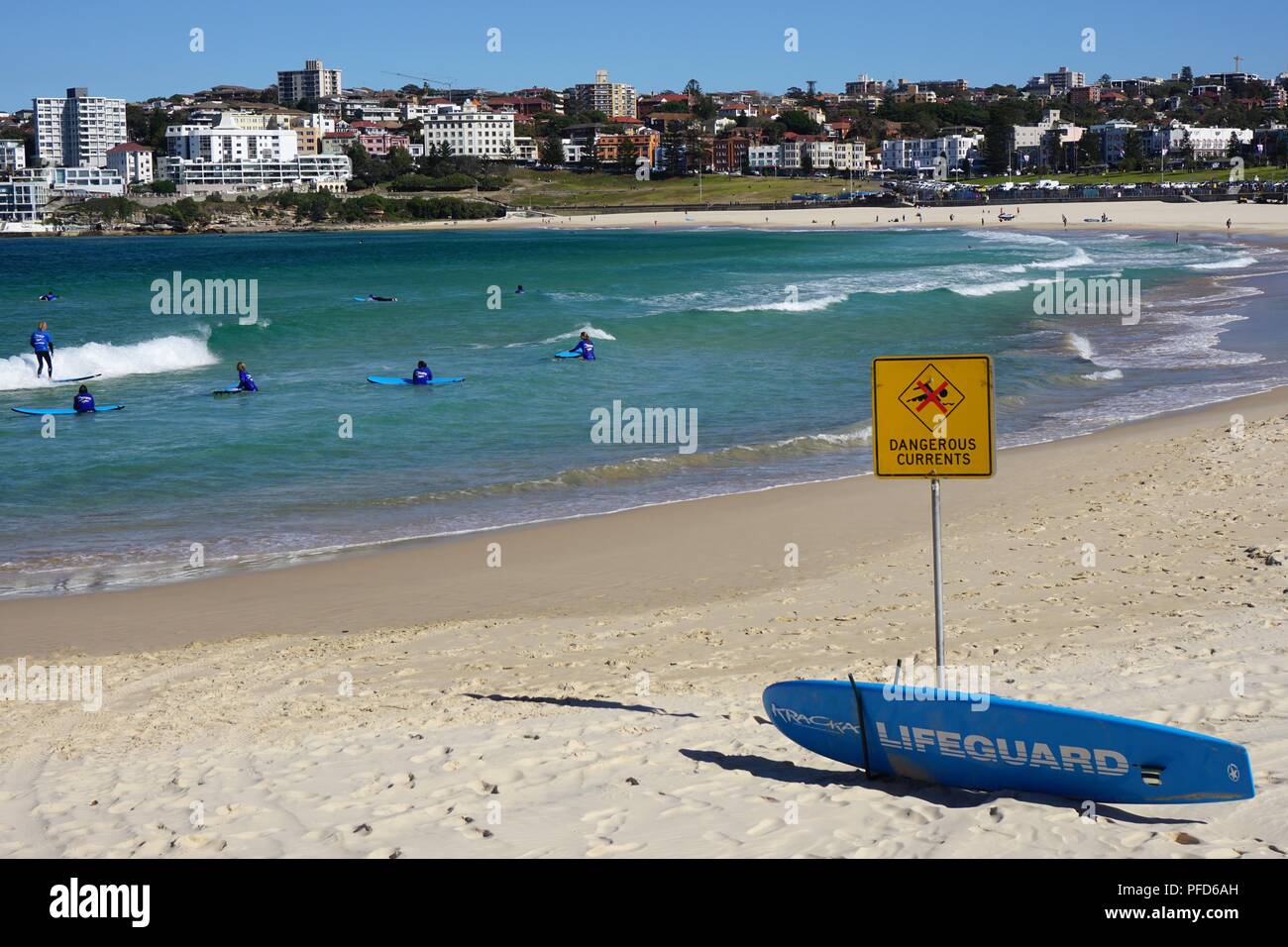View of Bondi Beach with DANGEROUS CURRENTS Warning Sign Stock Photo ...
