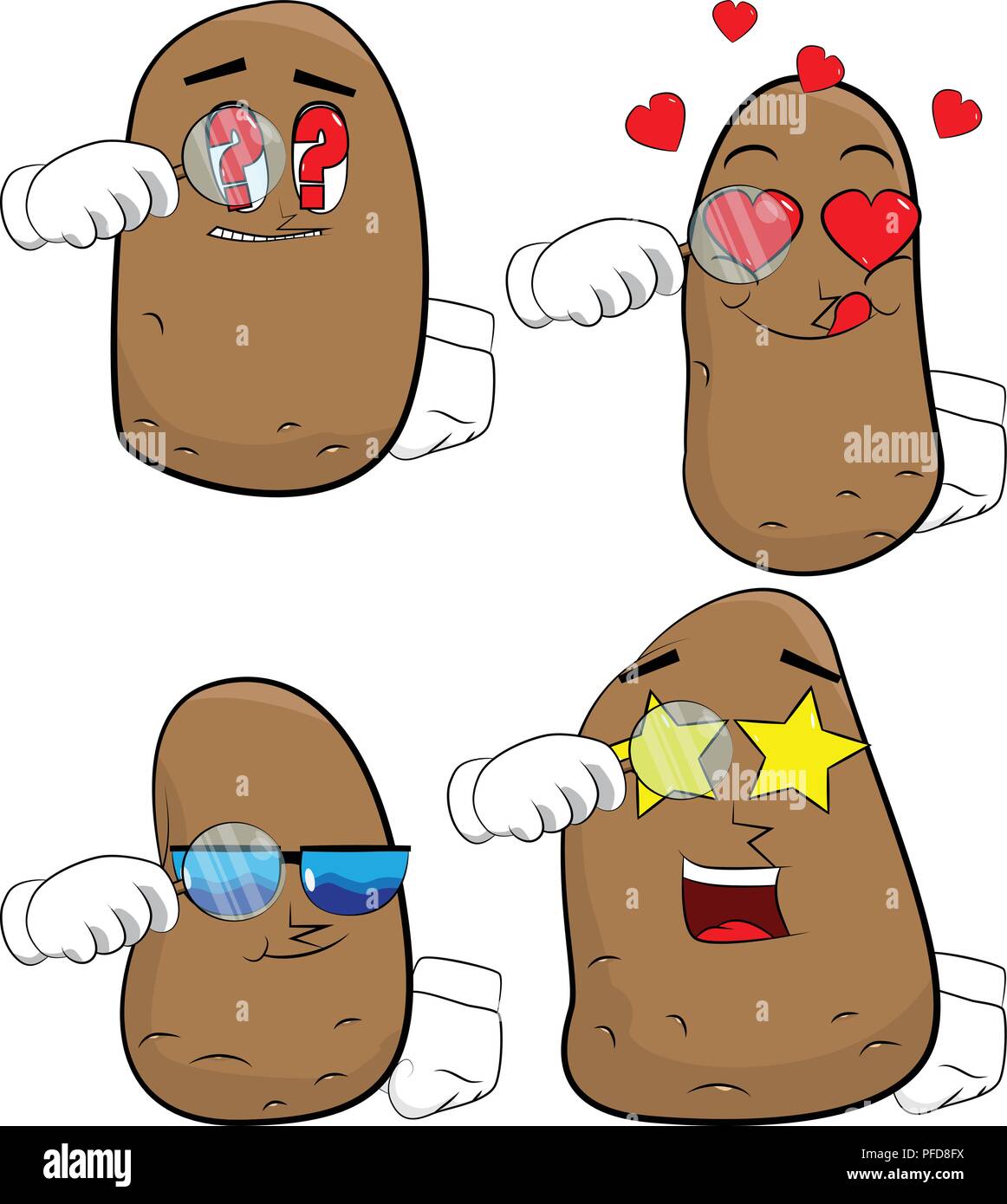 Potatoes holding a magnifying glass. Cartoon potato collection with ...