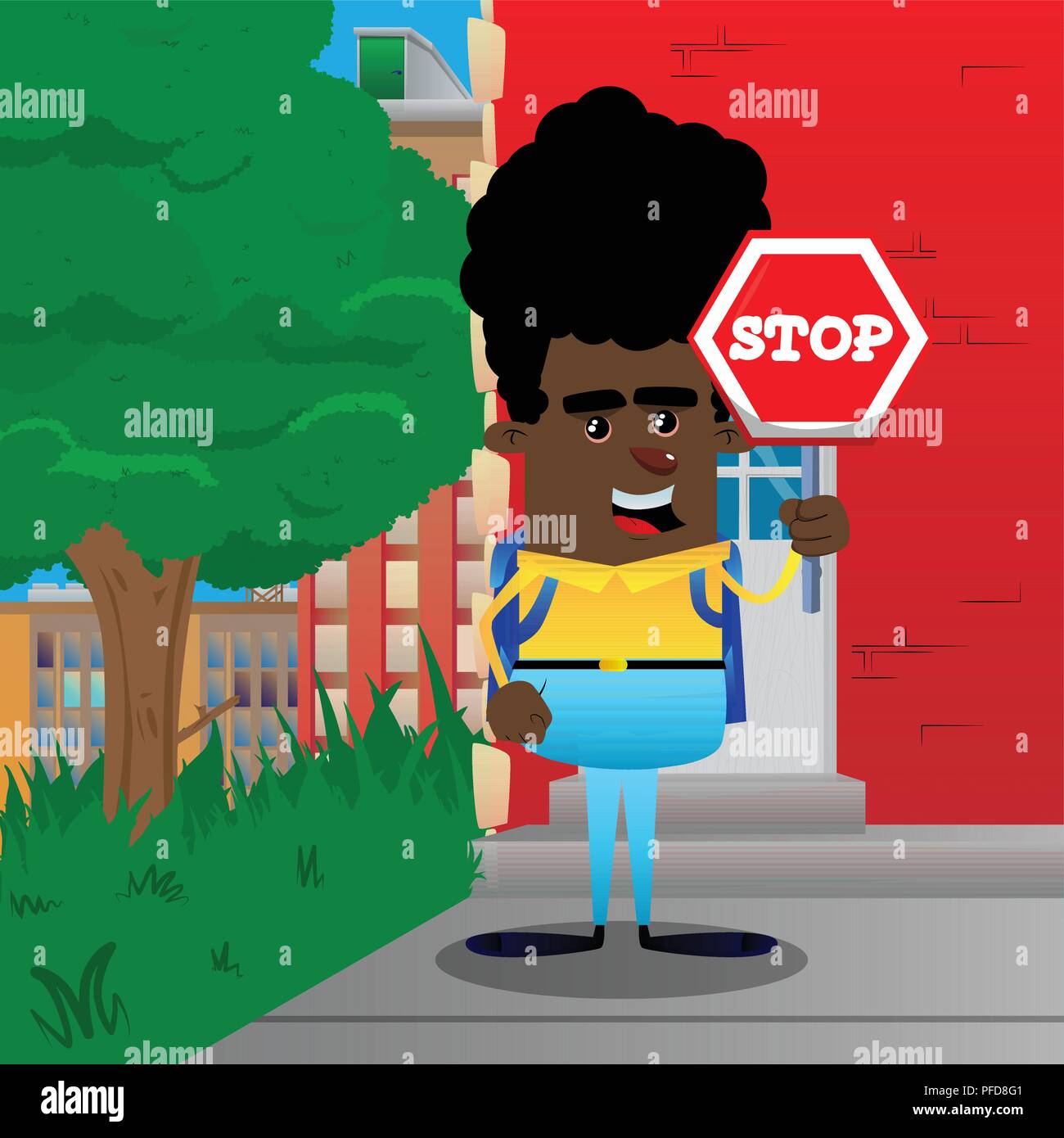 Schoolboy holding a stop sign. Vector cartoon character illustration ...
