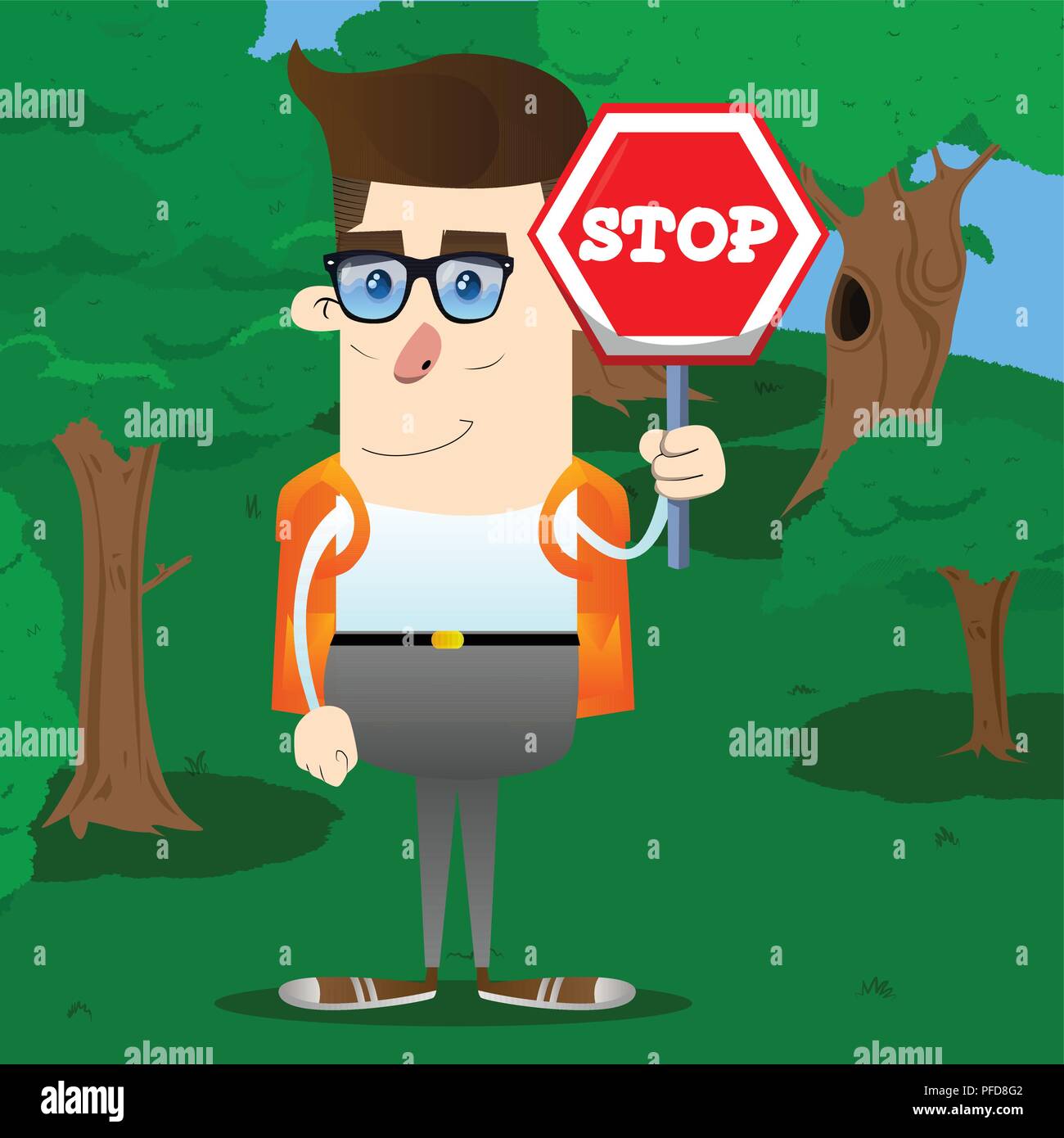 Schoolboy holding a stop sign. Vector cartoon character illustration ...