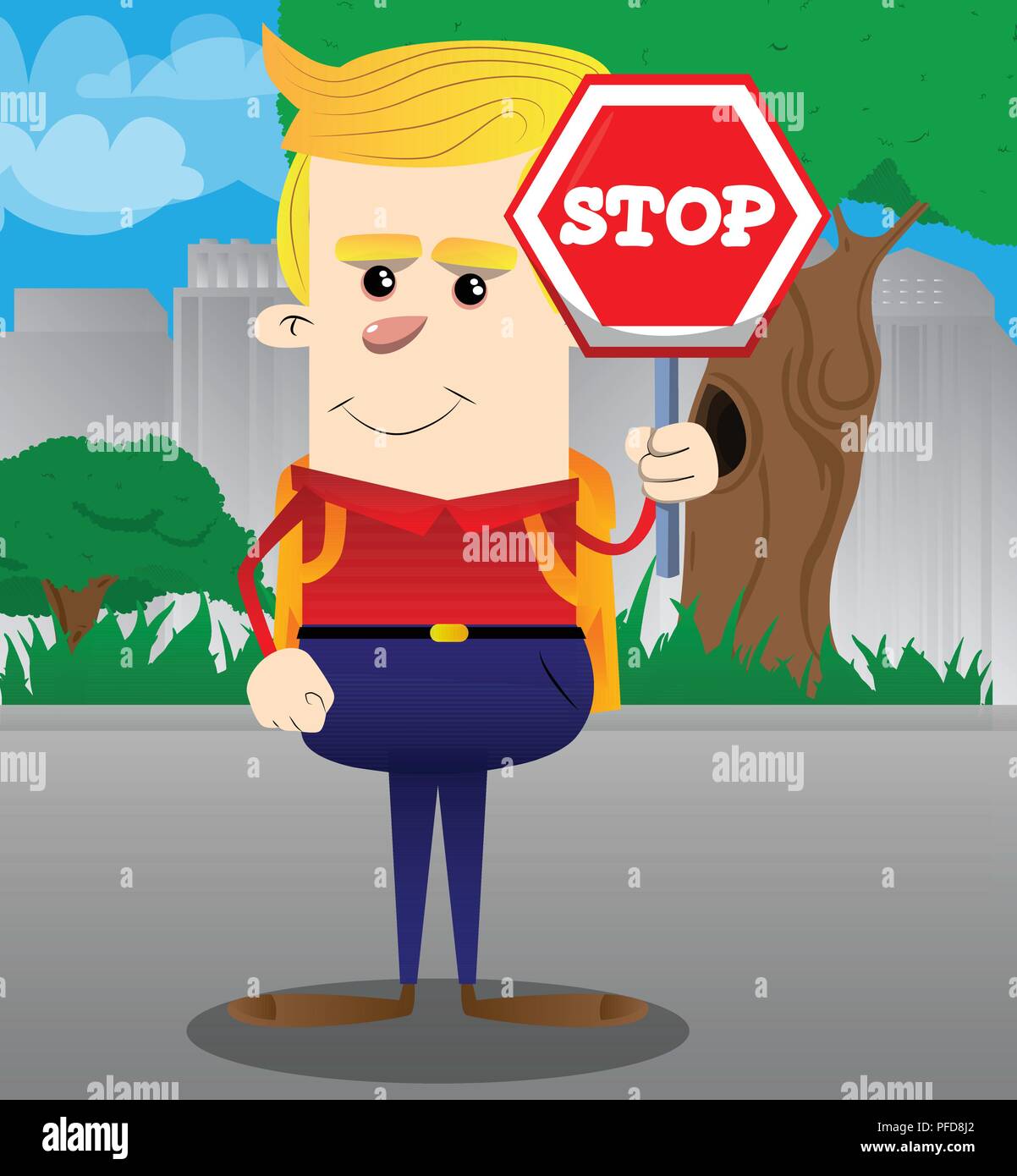 Schoolboy holding a stop sign. Vector cartoon character illustration ...