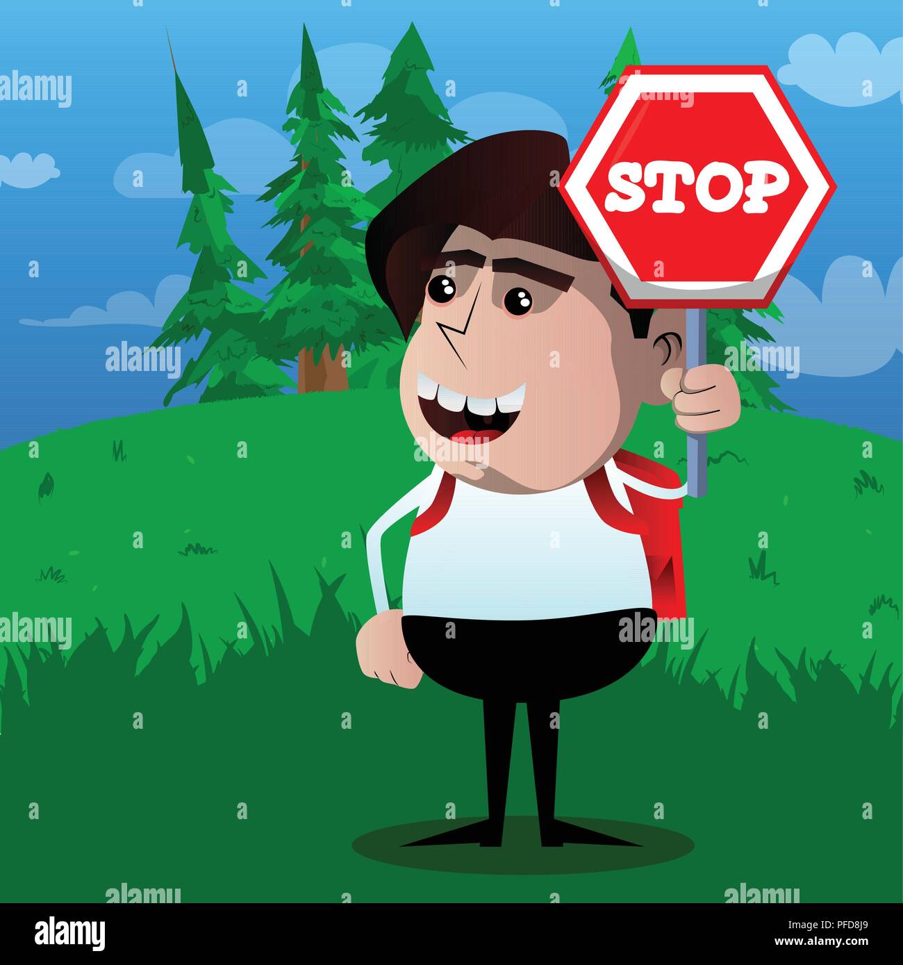 Schoolboy holding a stop sign. Vector cartoon character illustration ...