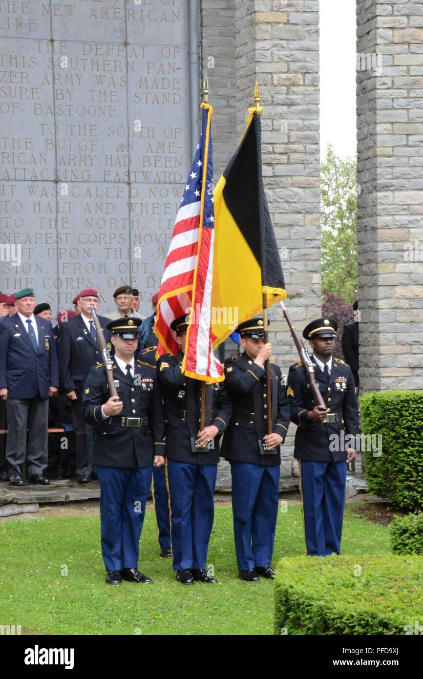 The U.S. Army Garrison Benelux Color Guard stands at attention for the ...