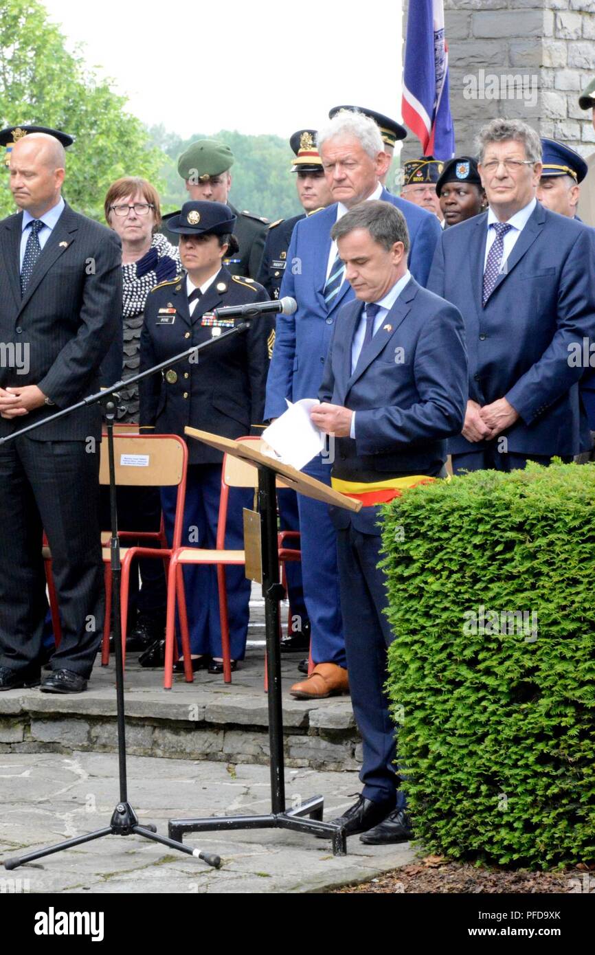 Mr. Benoît Lutgen, mayor of Bastogne, gives a speech during the ...