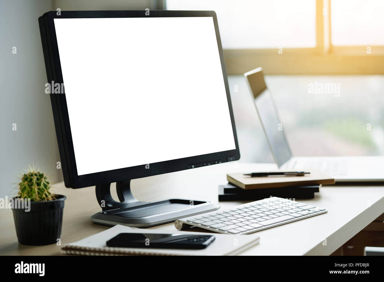 mock up Using laptop with blank screen computer modern Stock Photo - Alamy
