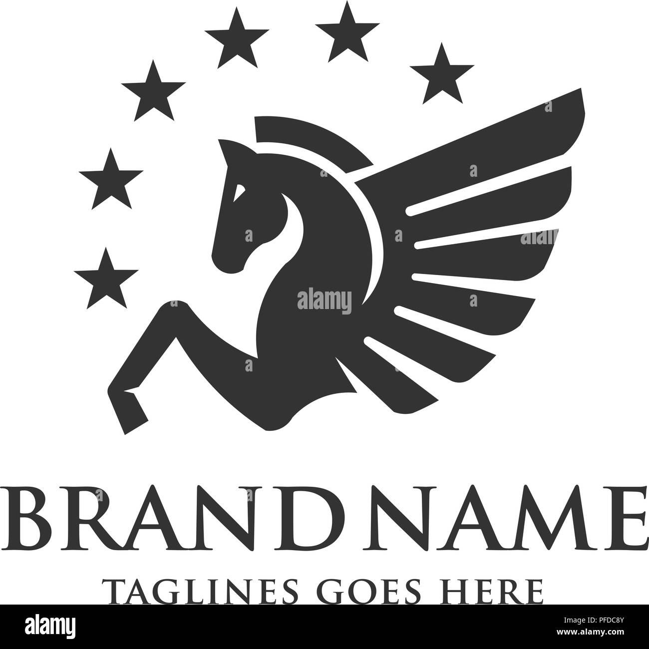 Winged Pegasus with stars logo vector illustration. Stylized Pegasus ...