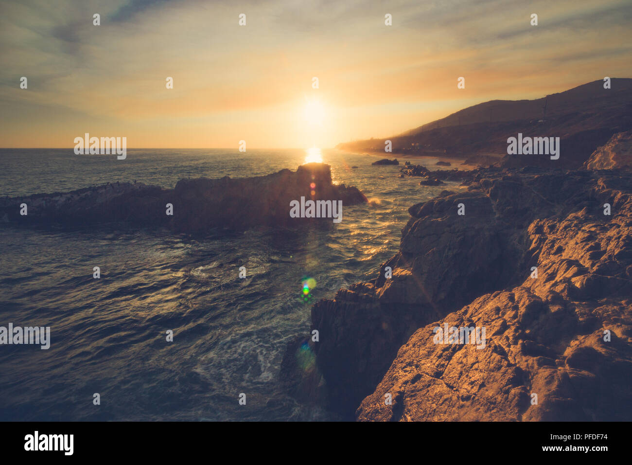 Colorful coastal view of Leo Carrillo State Beach at sunset from Sequit ...