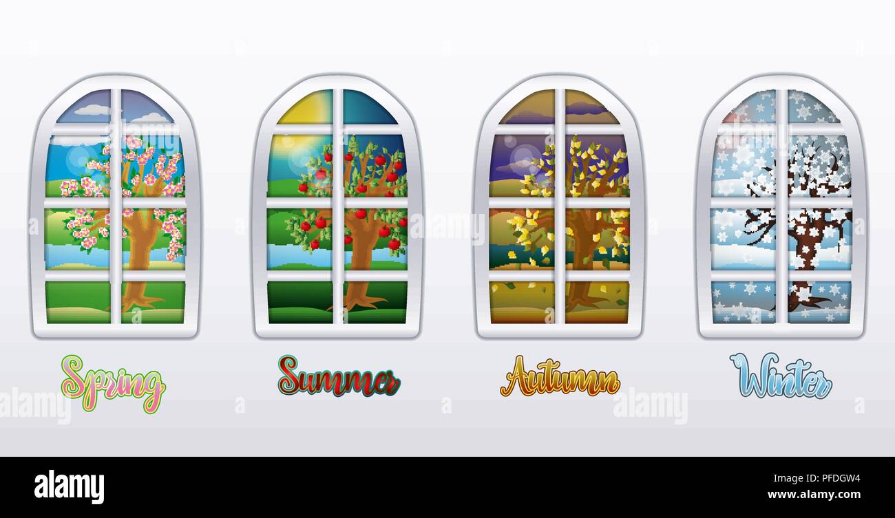 Four seasons window background, vector illustration Stock Vector Image ...