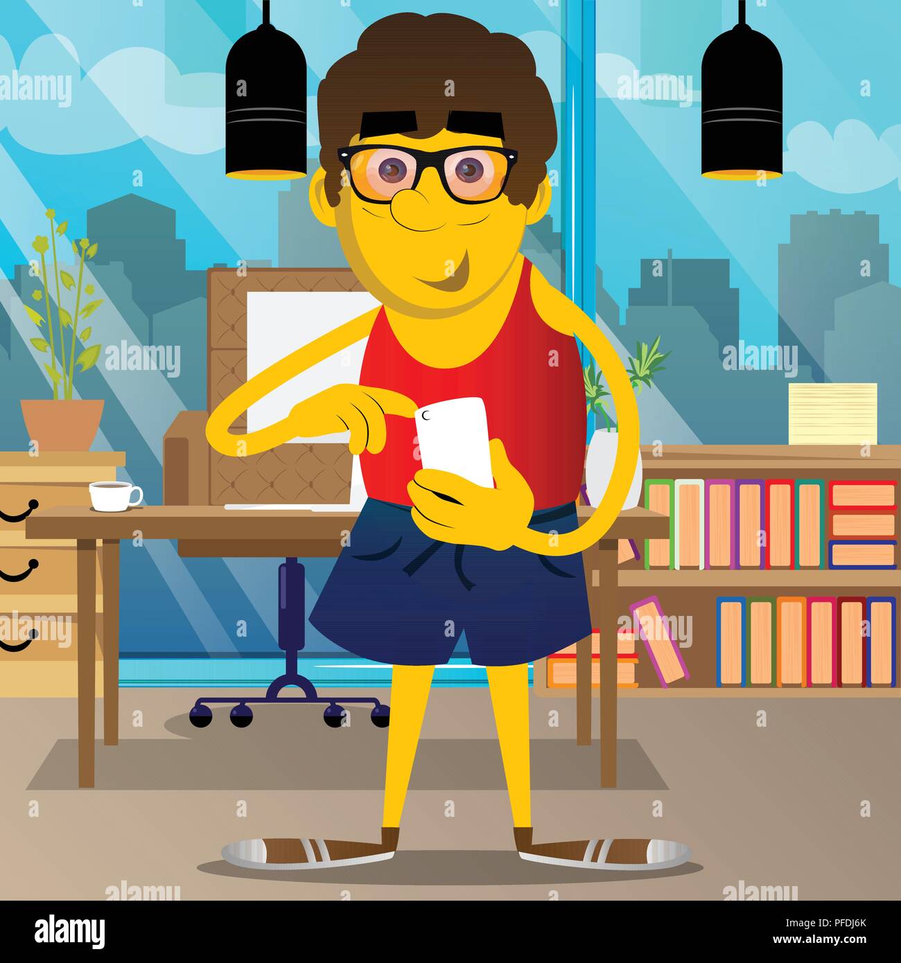 Yellow man using a mobile phone. Vector cartoon illustration Stock ...