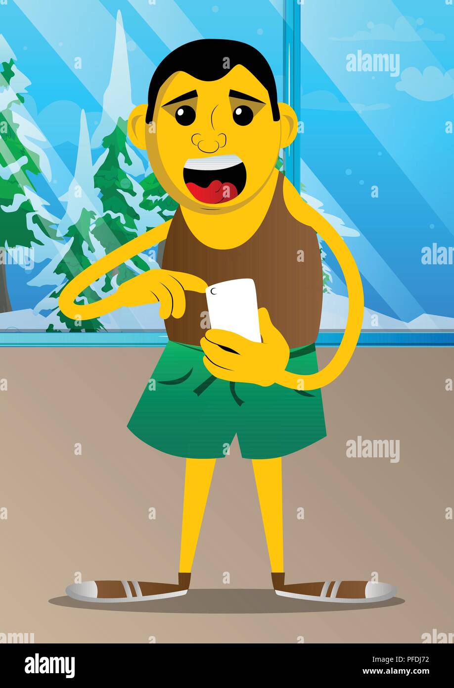 Yellow man using a mobile phone. Vector cartoon illustration Stock ...