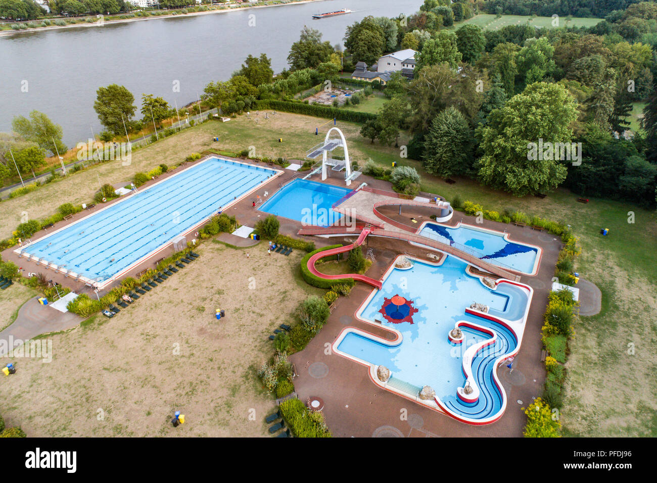 Aerial view of empty open-air swimming pool in Germany with no people ...