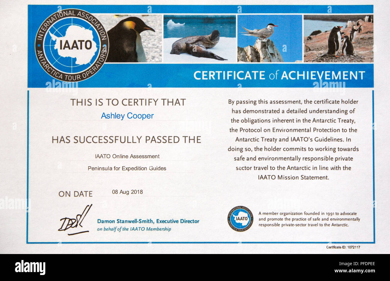 An IAATO certificate for expedition guides to Antarctica Stock Photo ...