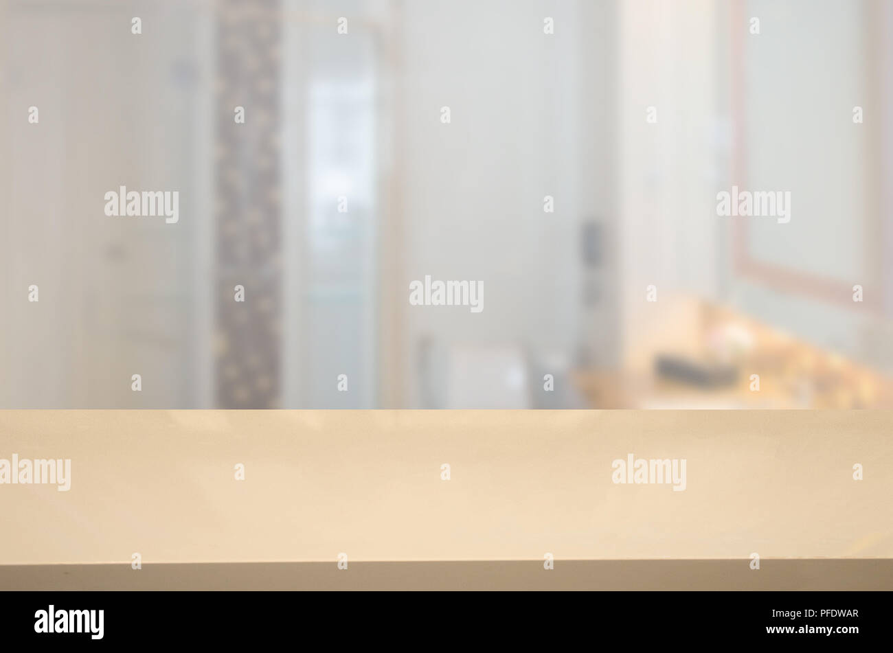wood table top and Abstract Blurred interior bathroom shower. Can be ...