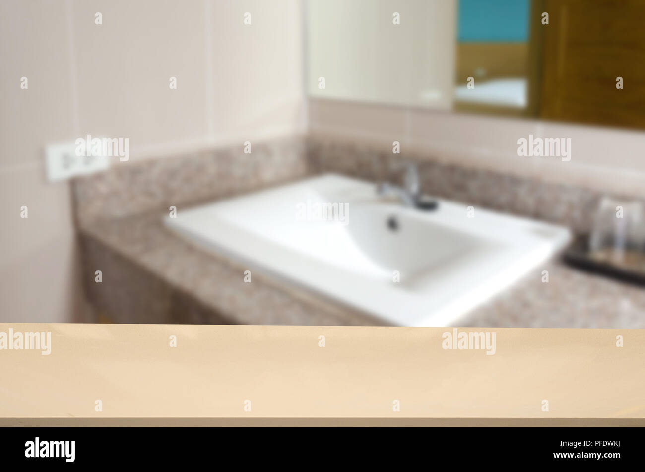 wood top table and Abstract Blurred sink modern in the bathroom. Can be ...