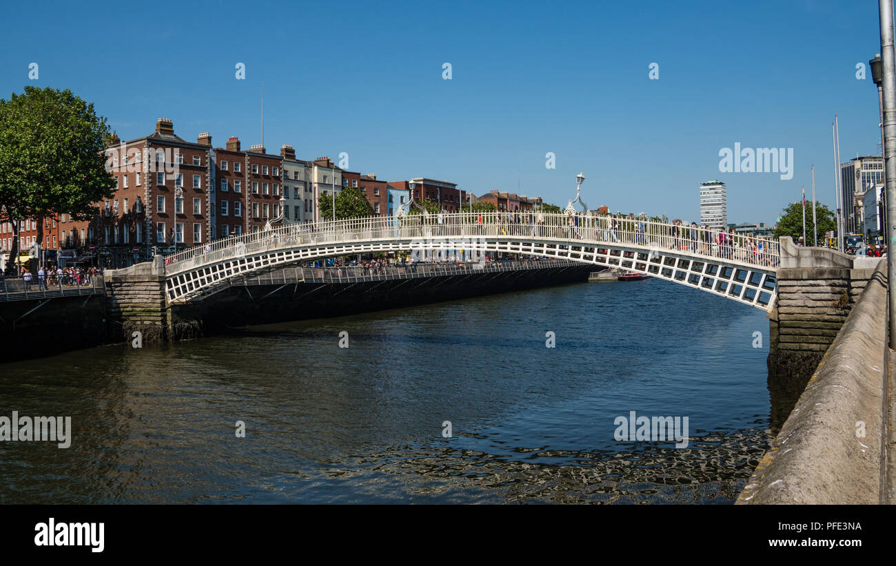 panorama shot of the city of Dublin ireland from a bridge on the river ...