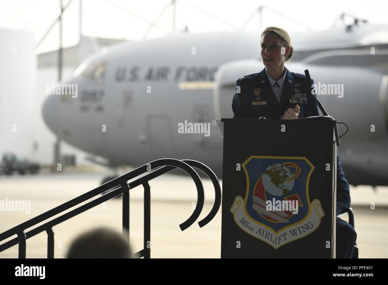 U.S. Air Force Col. Bryony Terrell, commander of the 145th Airlift Wing ...