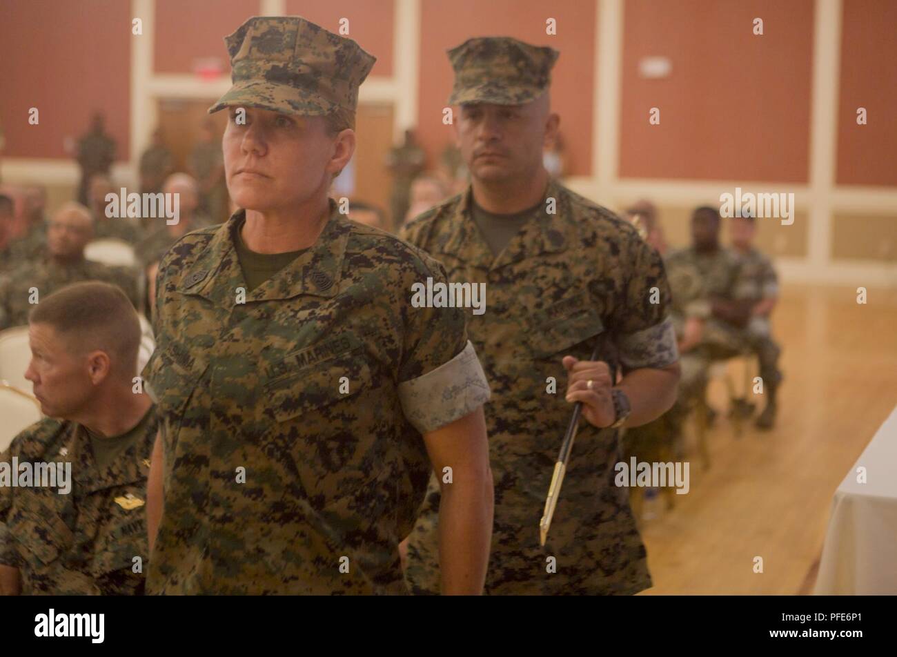 U.S. Marine Corps Sgt. Maj. Joy M. Kitashima and Sgt. Maj. Rene Salinas ...