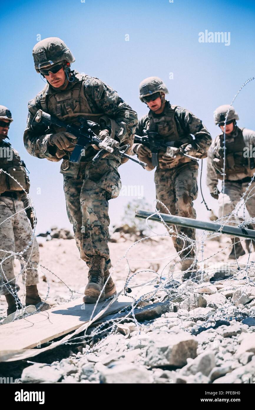 Marines in the Infantry Officer Course breach an obstacle during a live ...
