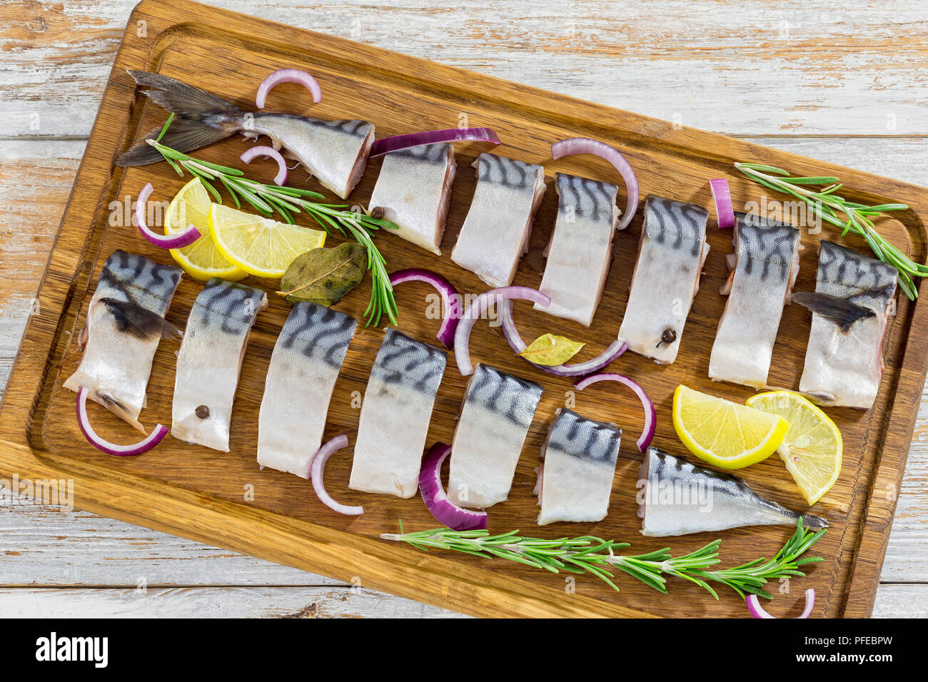 marinated Fillets of Fresh atlantic mackerel fish cut in slices on ...