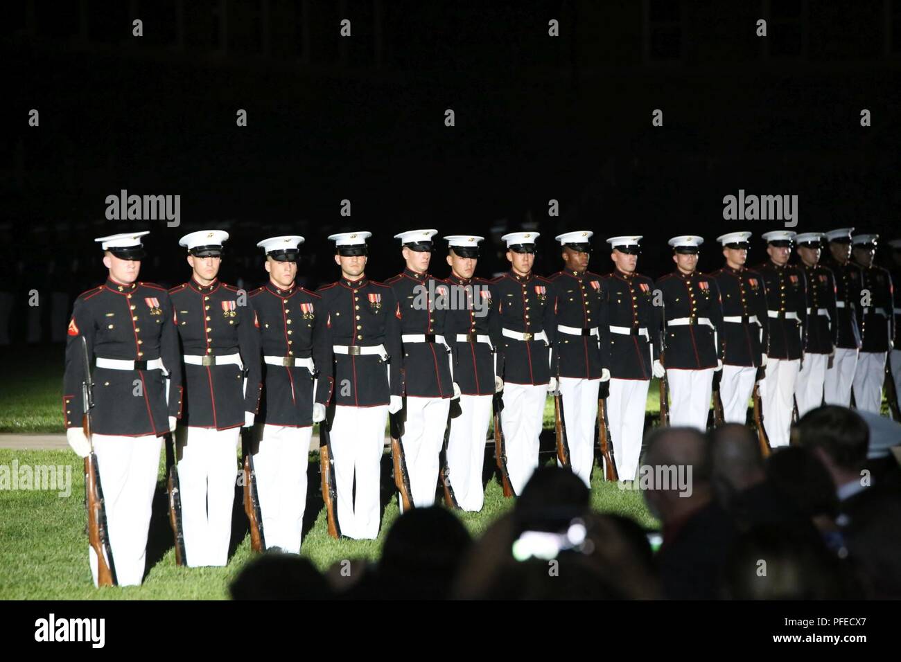 The U.S. Marine Corps Silent Drill Platoon stand at “order arms” during ...