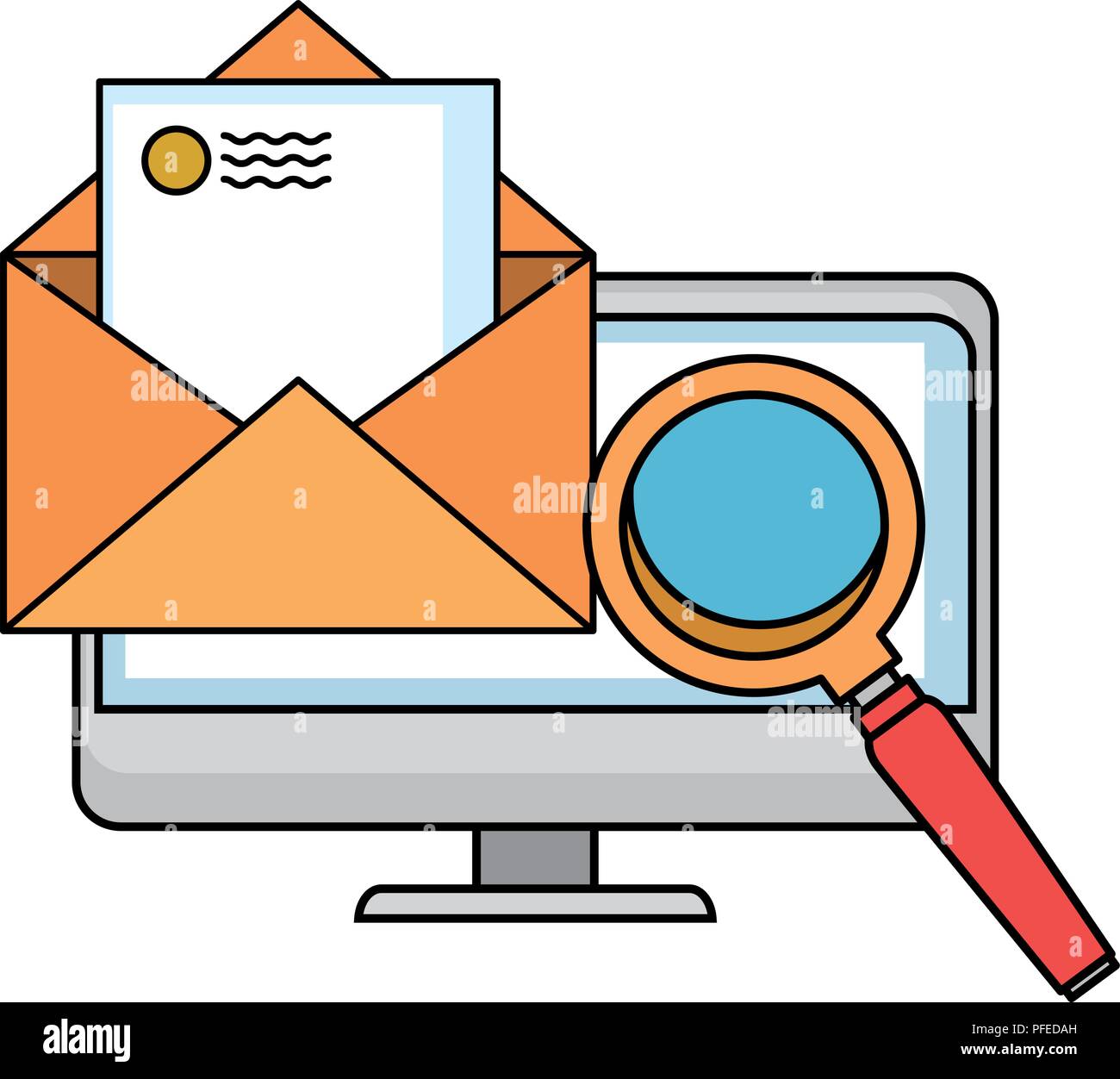 computer with envelope mail and magnifying glass vector illustration ...