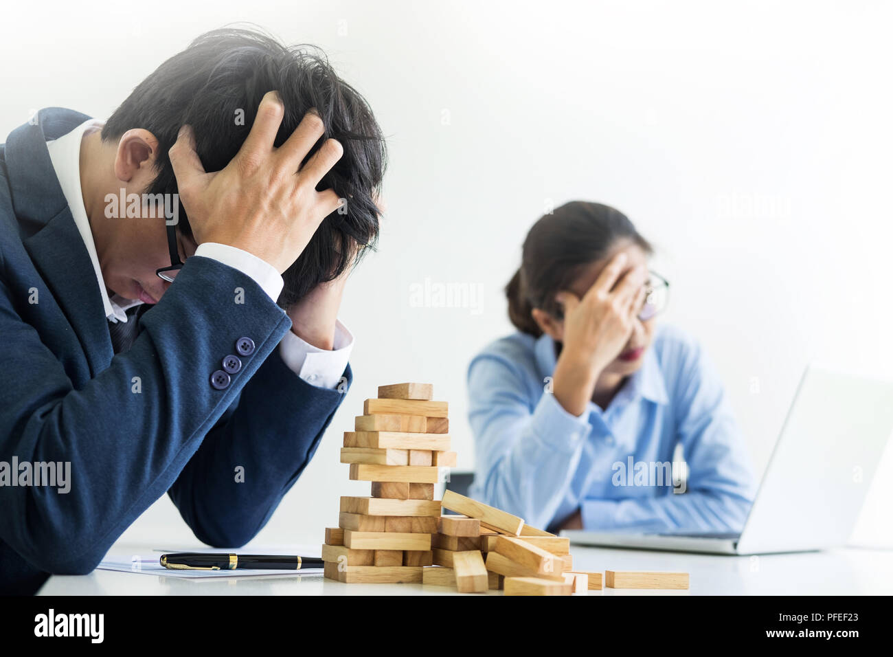 Depressed failure and tired businessman late sad and solving problem in ...