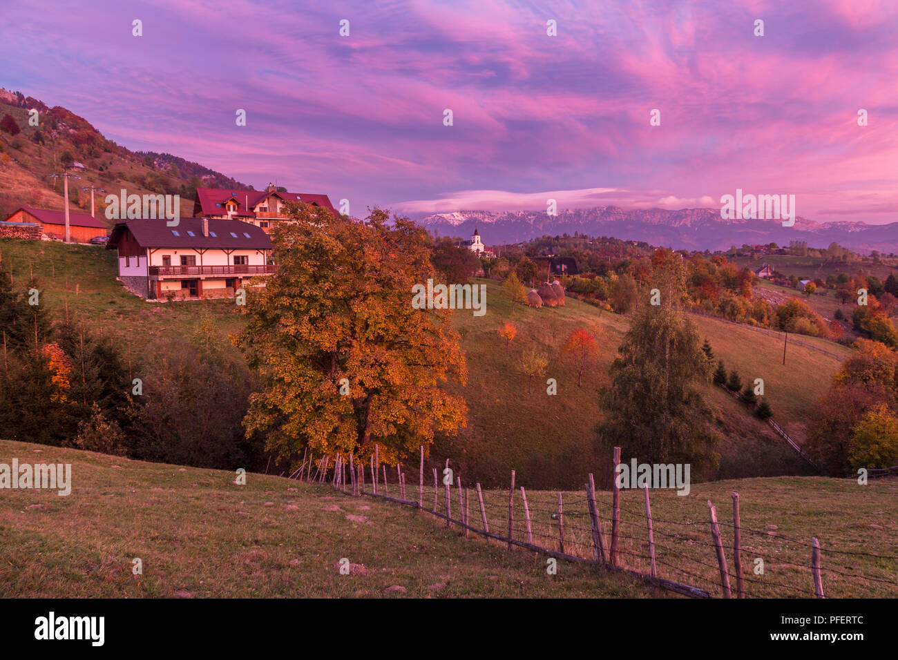 Autumn alpine landscape, famous alpine village with spectacular gardens ...