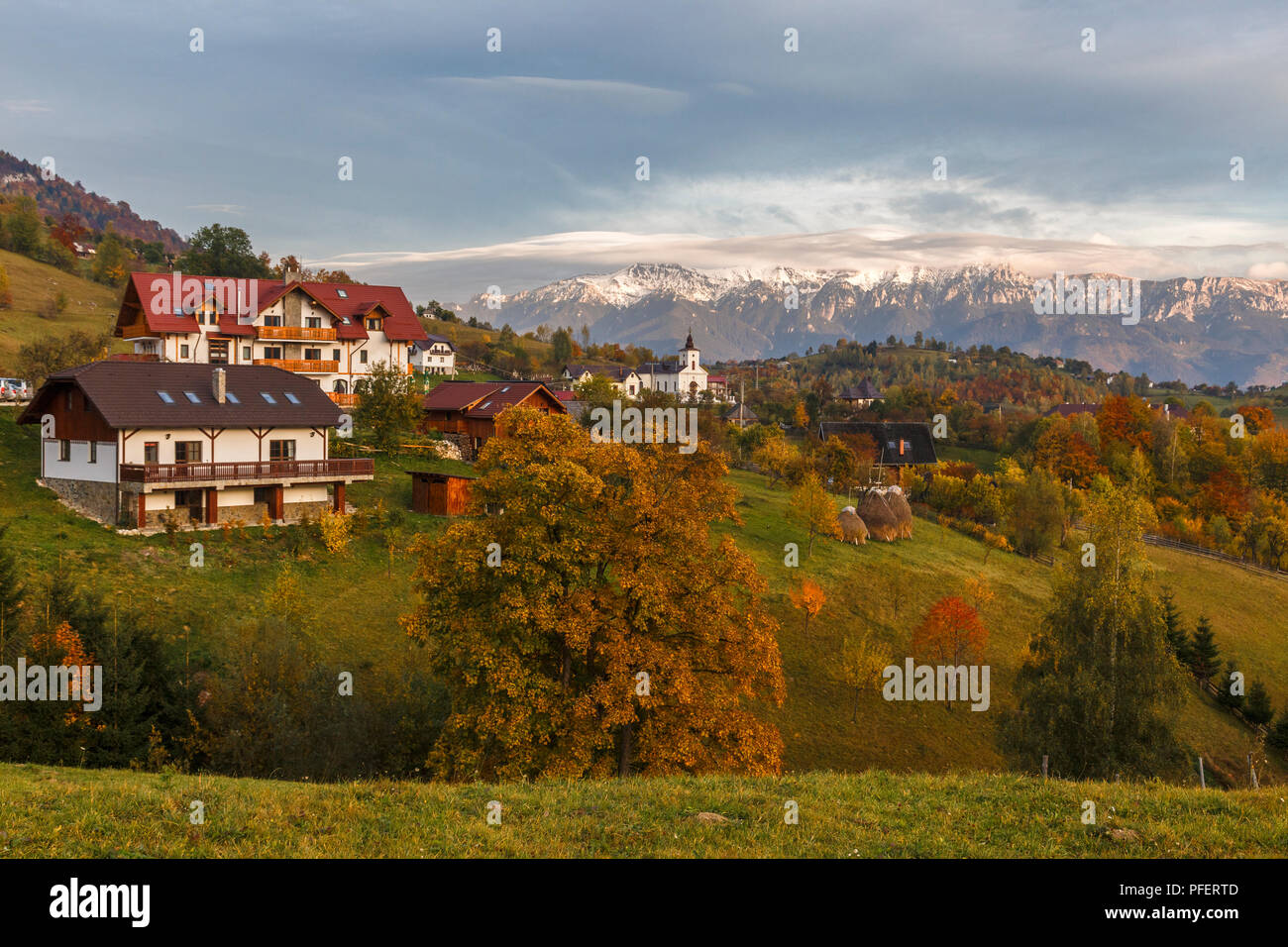 Autumn alpine landscape, famous alpine village with spectacular gardens ...