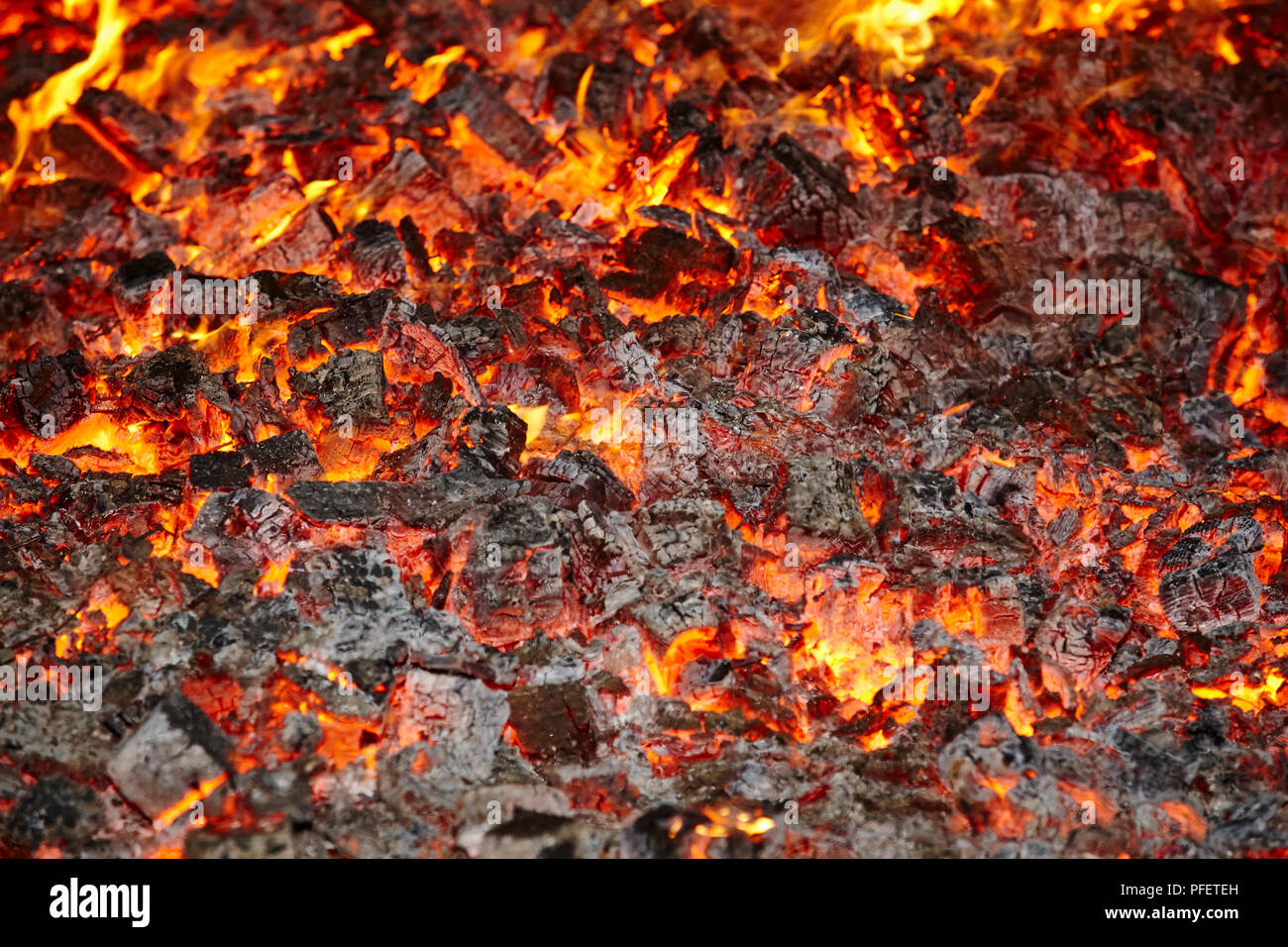 Fire. Volcano incandescent material. Hot charcoal bonfire. Carbon ...