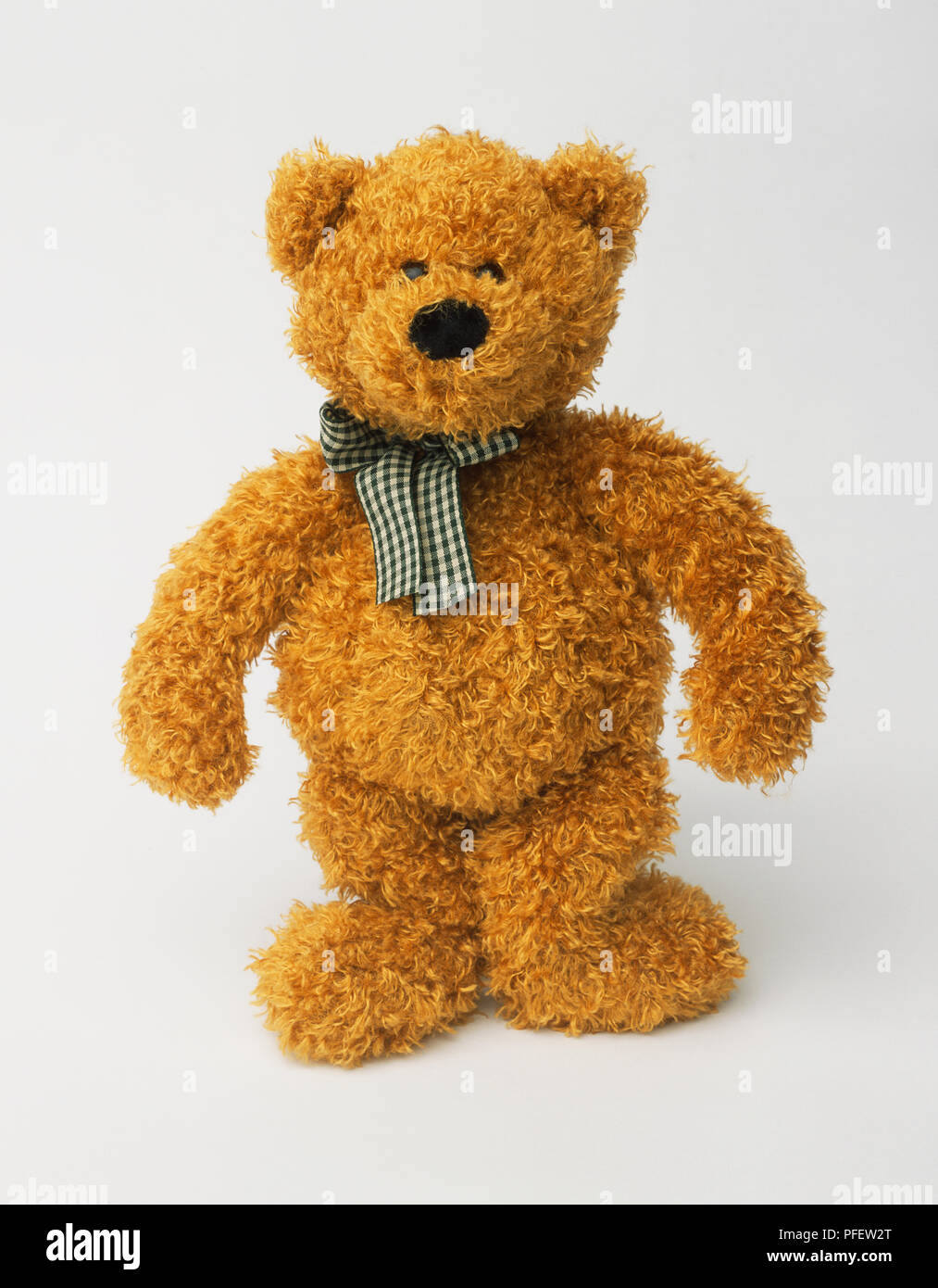 Teddy bear with black and white check ribbon tied around its neck Stock ...