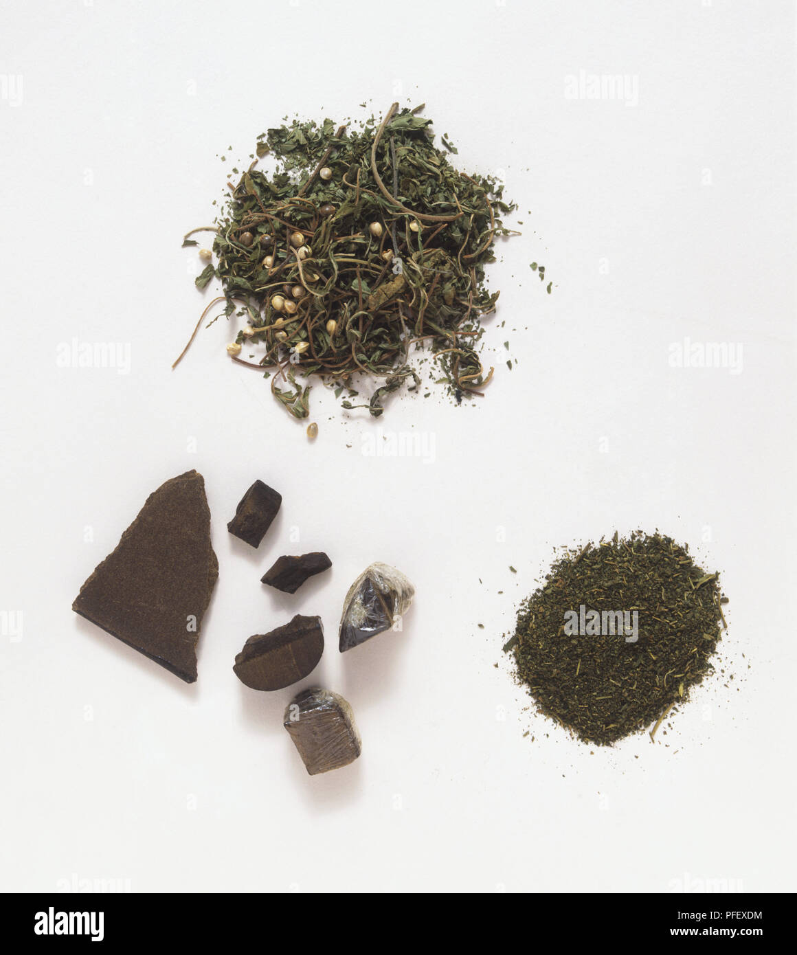 Selection of Cannabis in different forms, pieces of Hashish, seeded and ...
