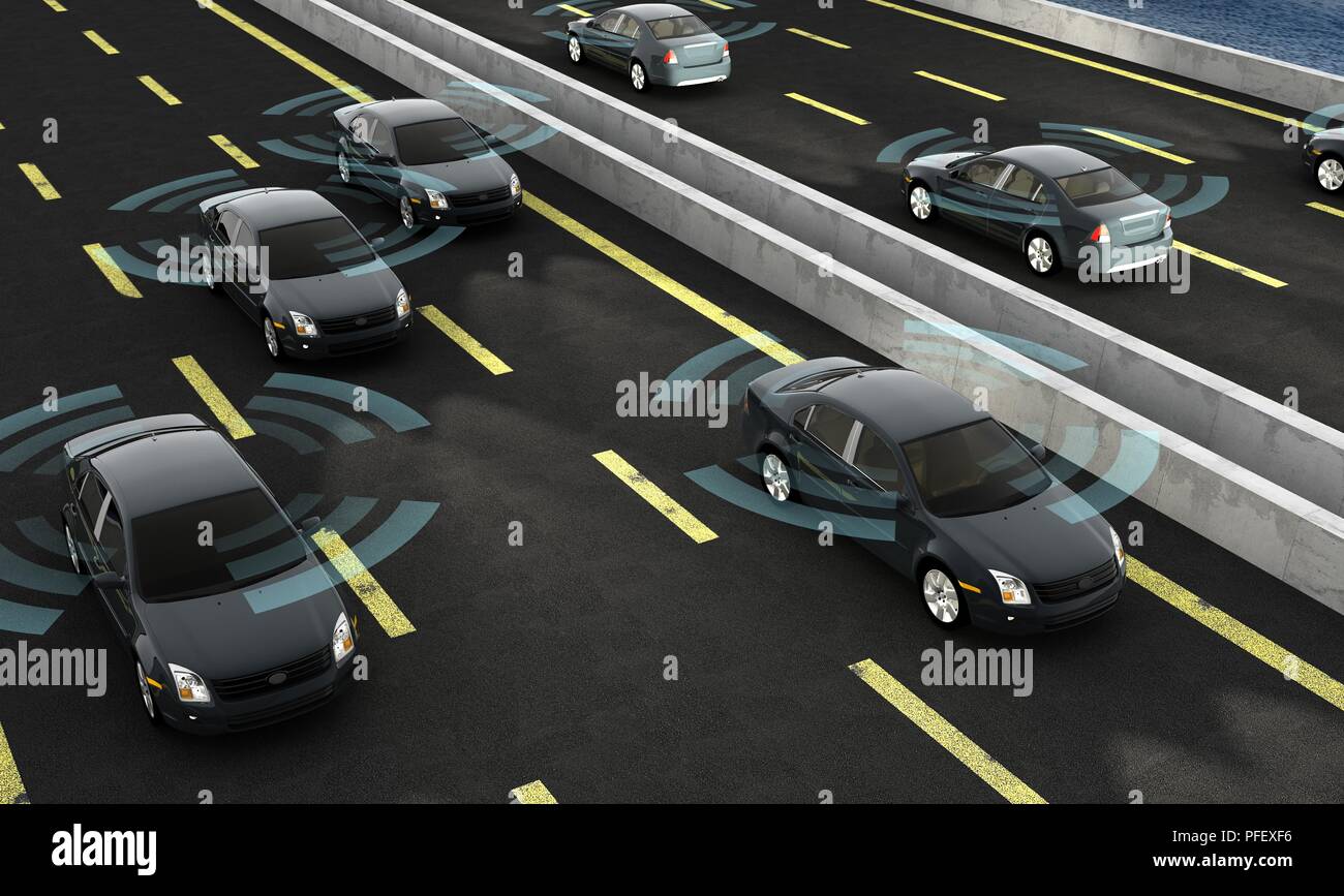 Autonomous cars on a road with visible connection, 3d Rendering Stock ...