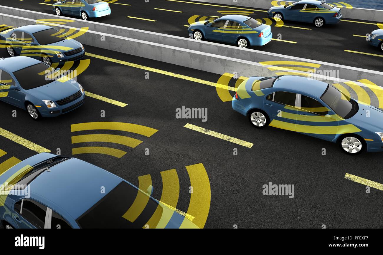 Autonomous cars on a road with visible connection, 3d Rendering Stock ...