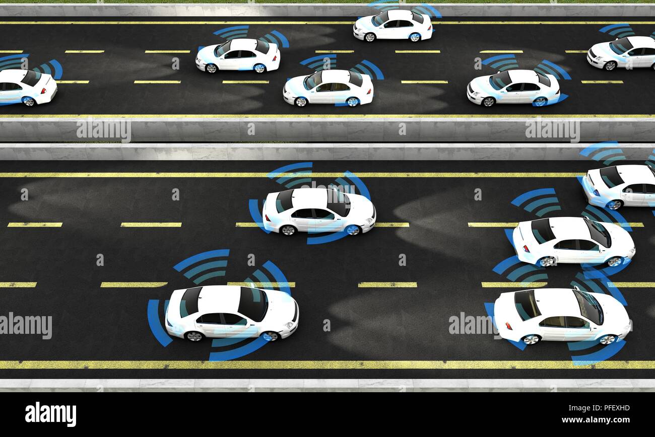 Autonomous cars on a road with visible connection, 3d Rendering Stock ...