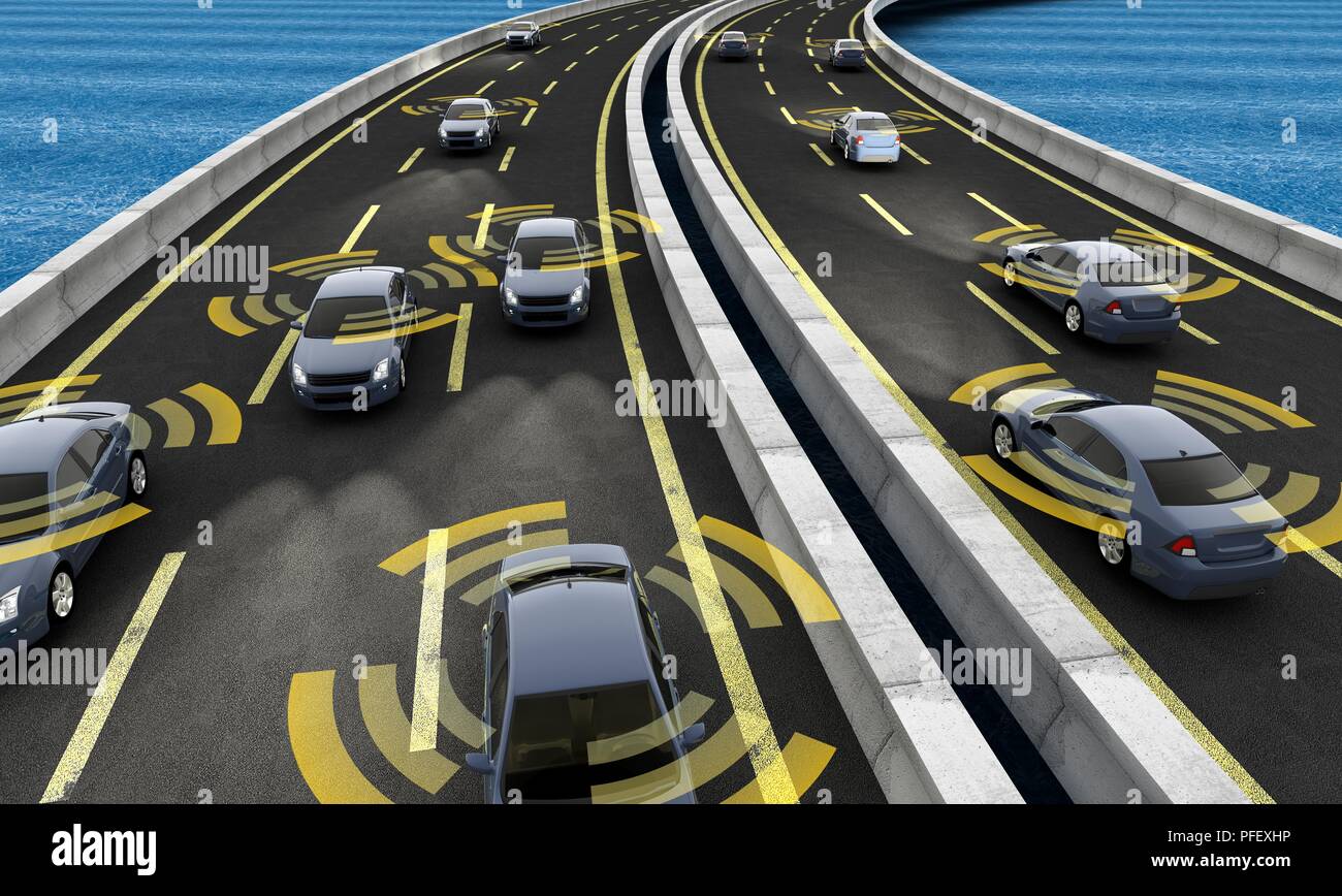 Autonomous cars on a road with visible connection, 3d Rendering Stock ...