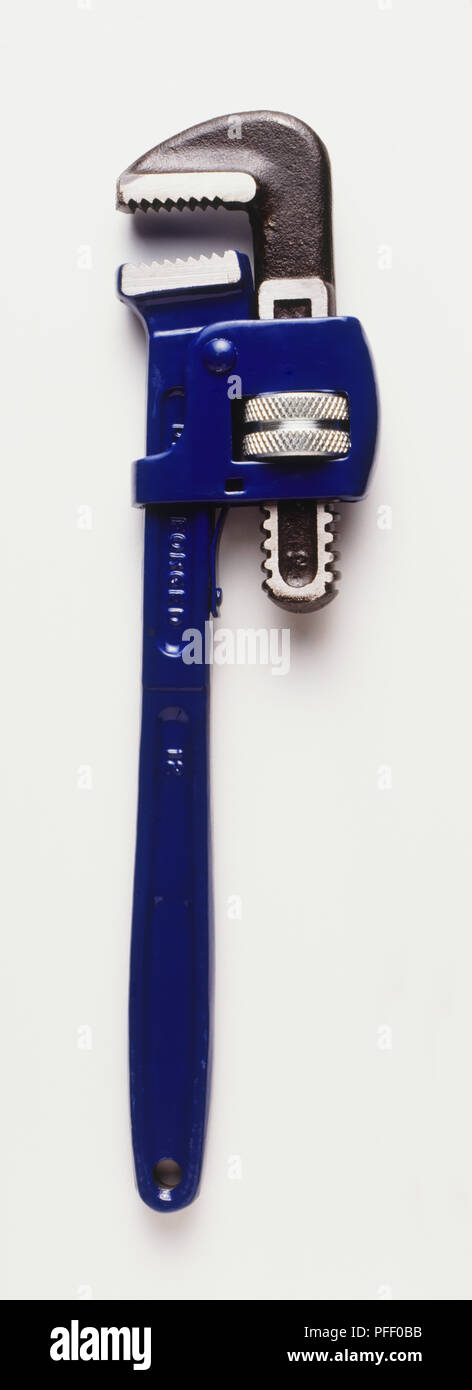 Pipe wrench with blue handle, side view Stock Photo - Alamy