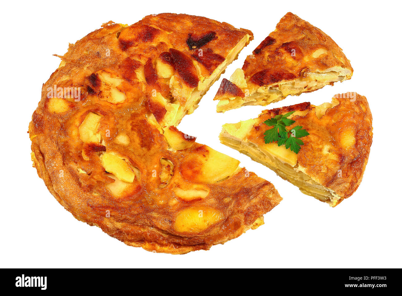 delicious spanish Tortilla cut in slices isolated on white background ...