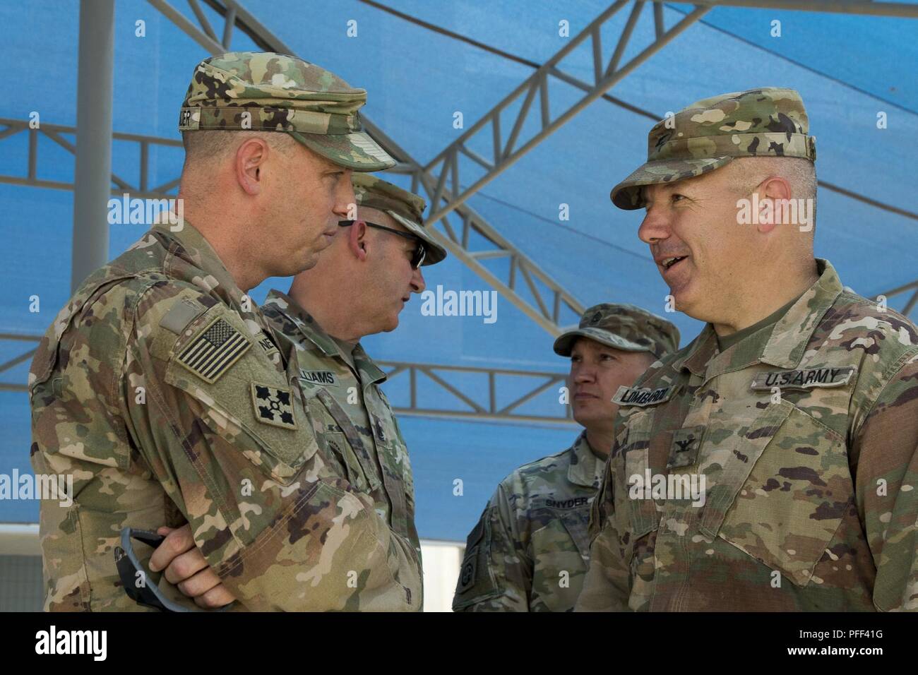 U.S. Army Lt. Col. Rob Newbauer, left, the commander of the 40th Brigade Engineer Battalion, 2nd ...