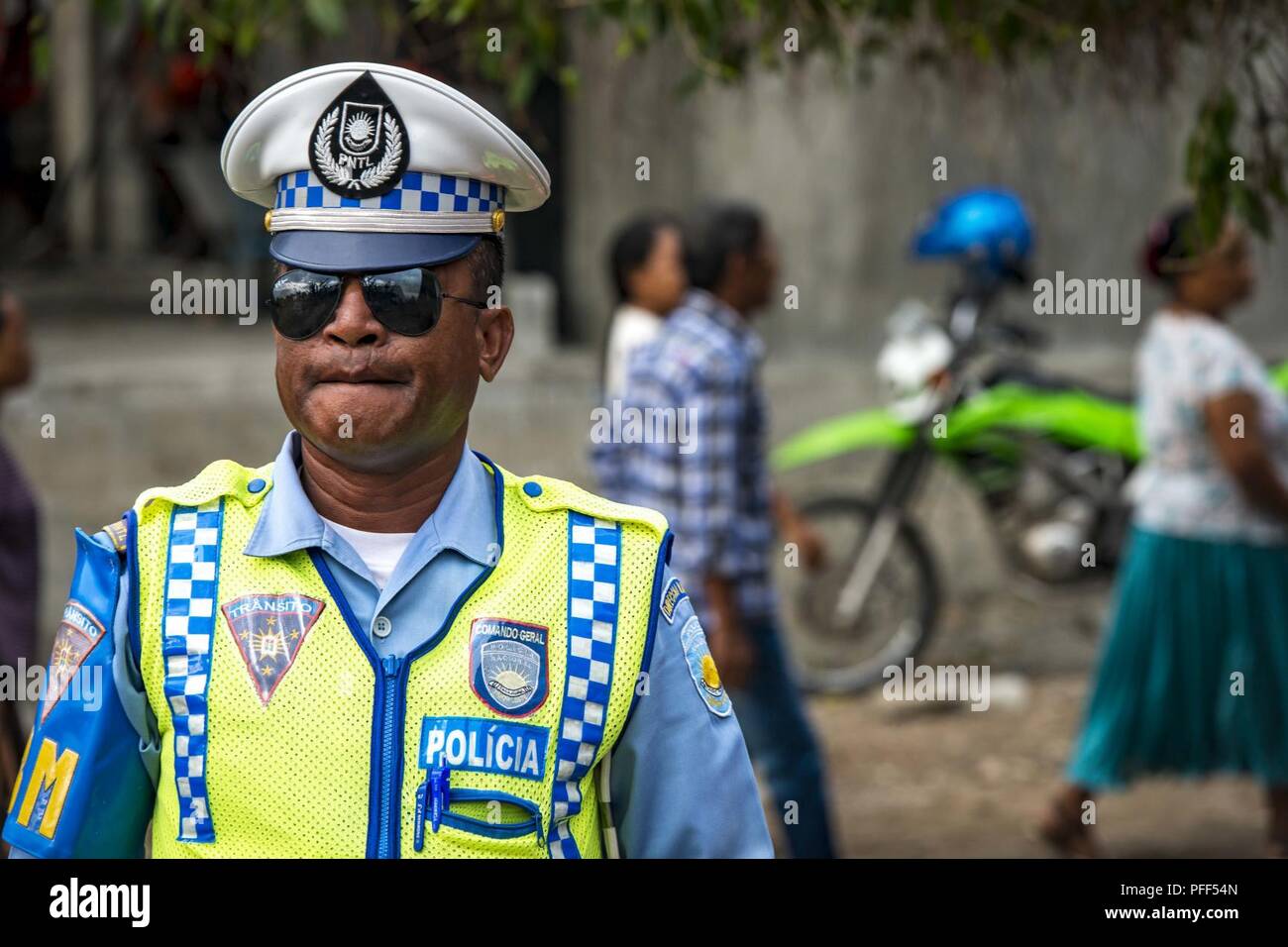 Julio Mayo daSilva, a traffic officer with the Suai Police, stands ...