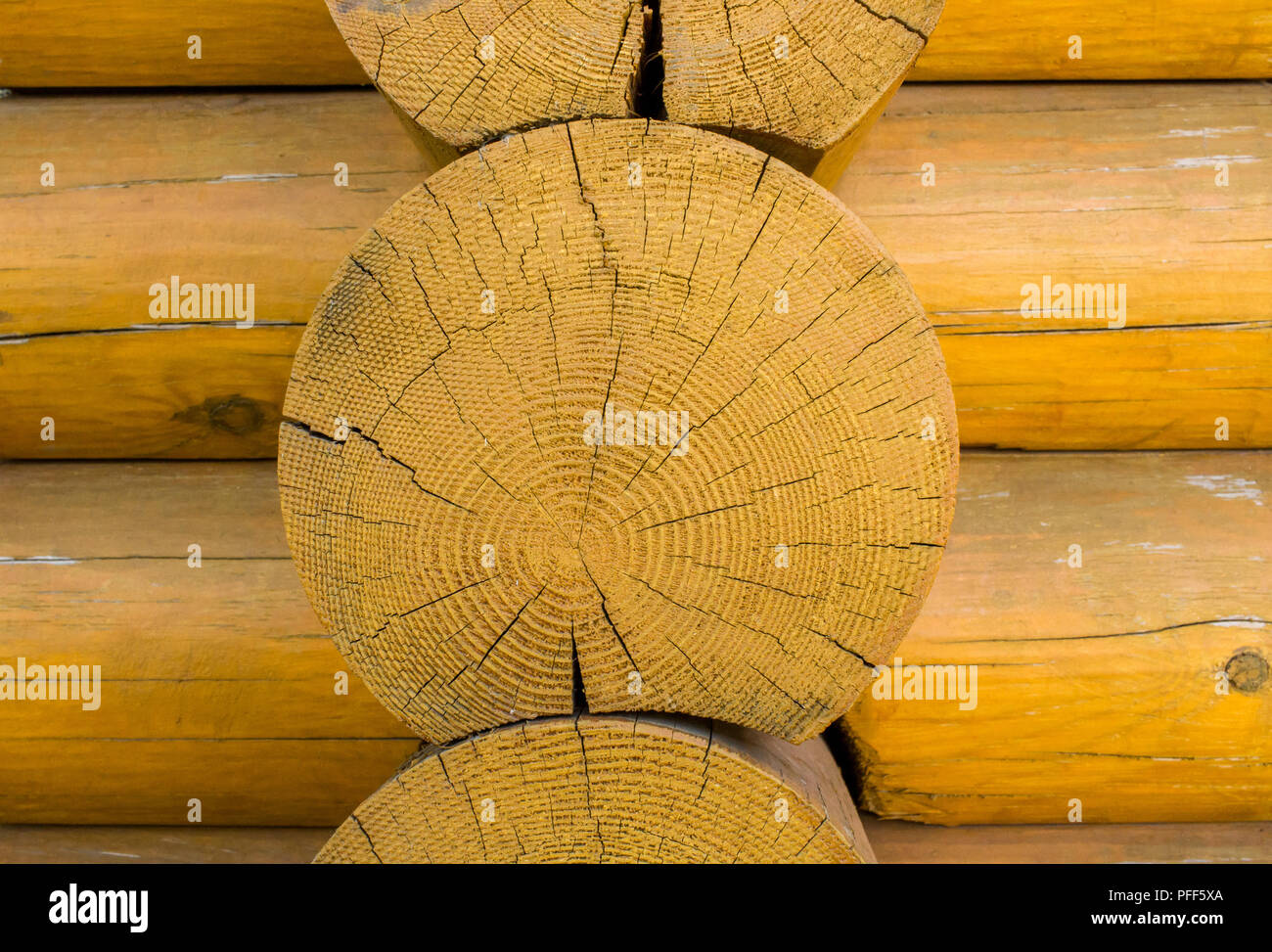 Round orange logs on wooden cabin Stock Photo - Alamy