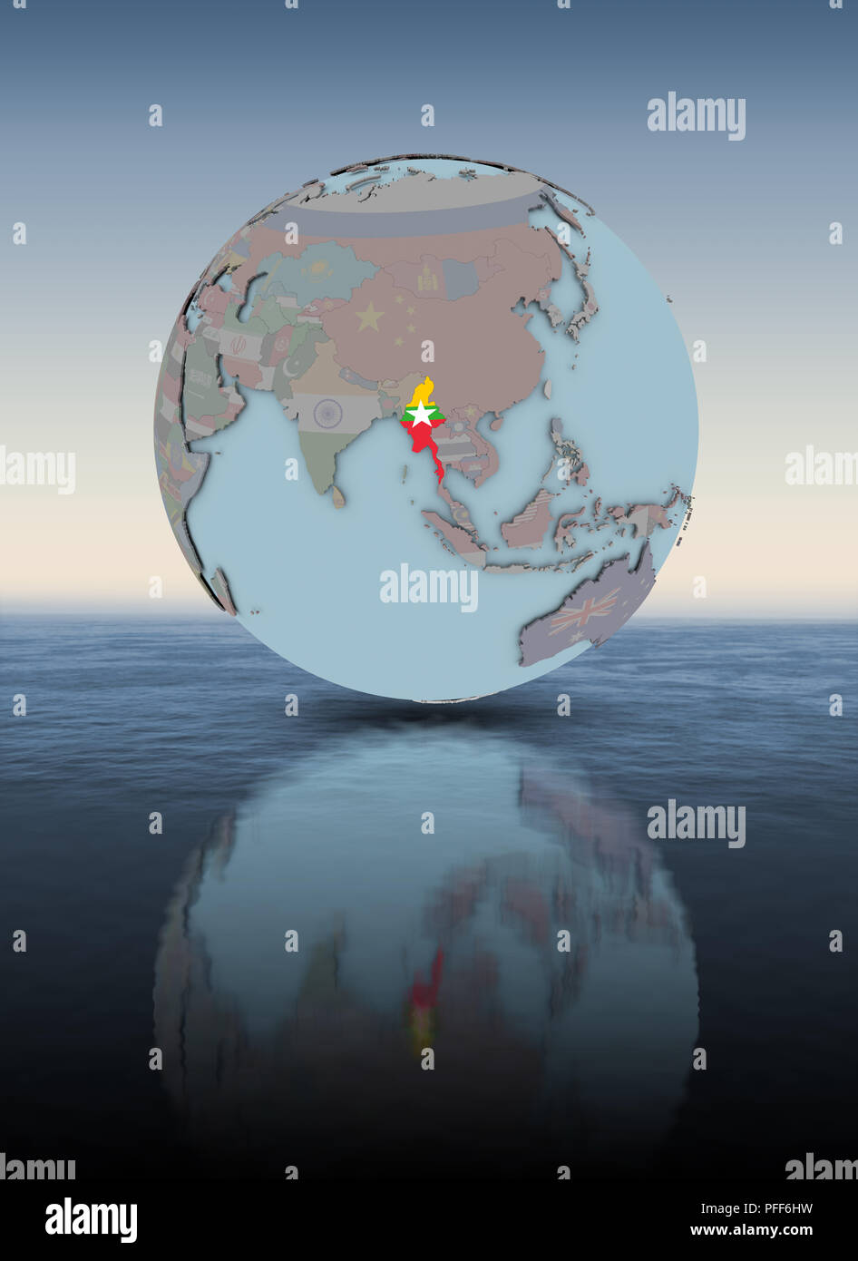 Myanmar with national flag on globe above water surface. 3D ...