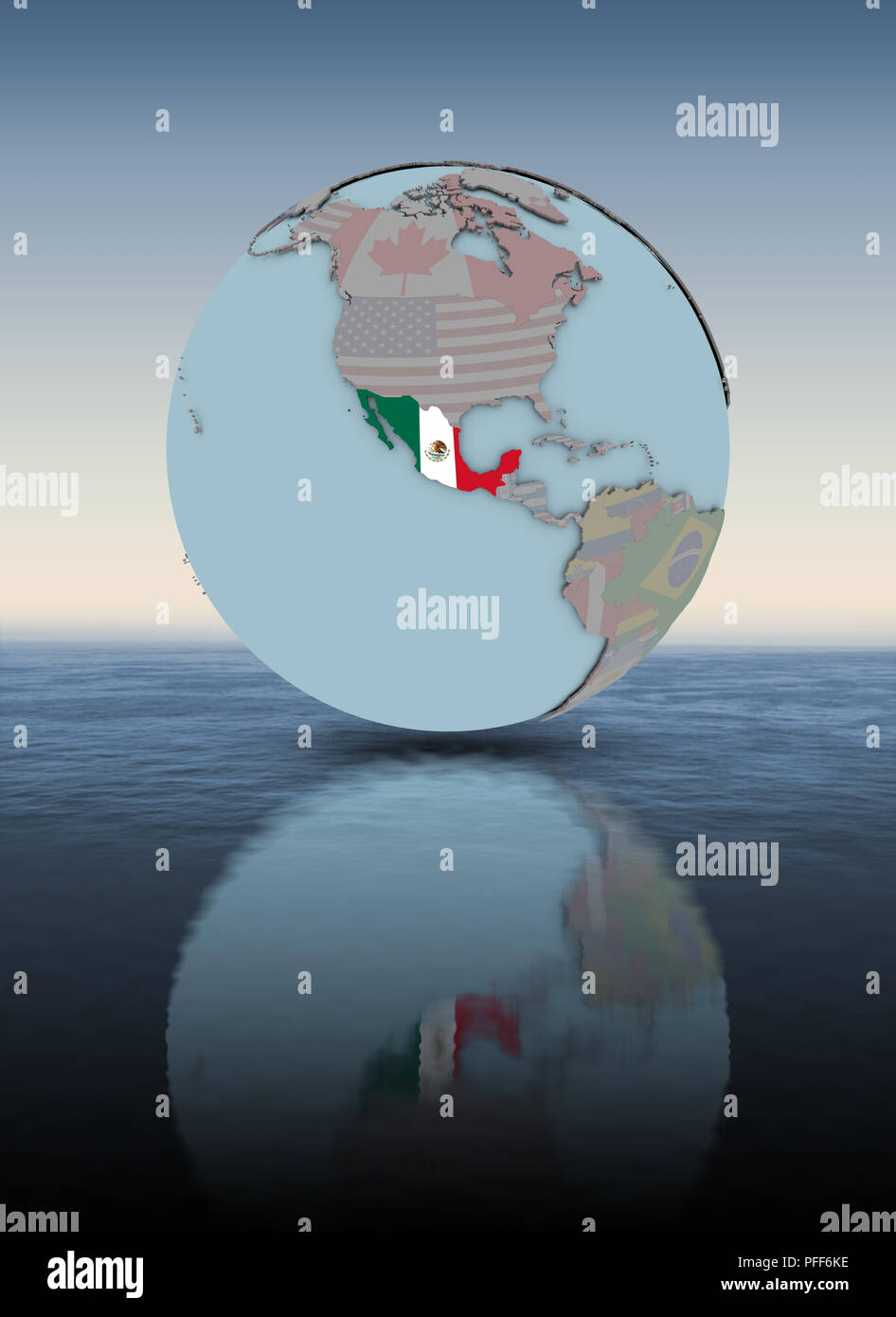 Mexico with national flag on globe above water surface. 3D illustration ...