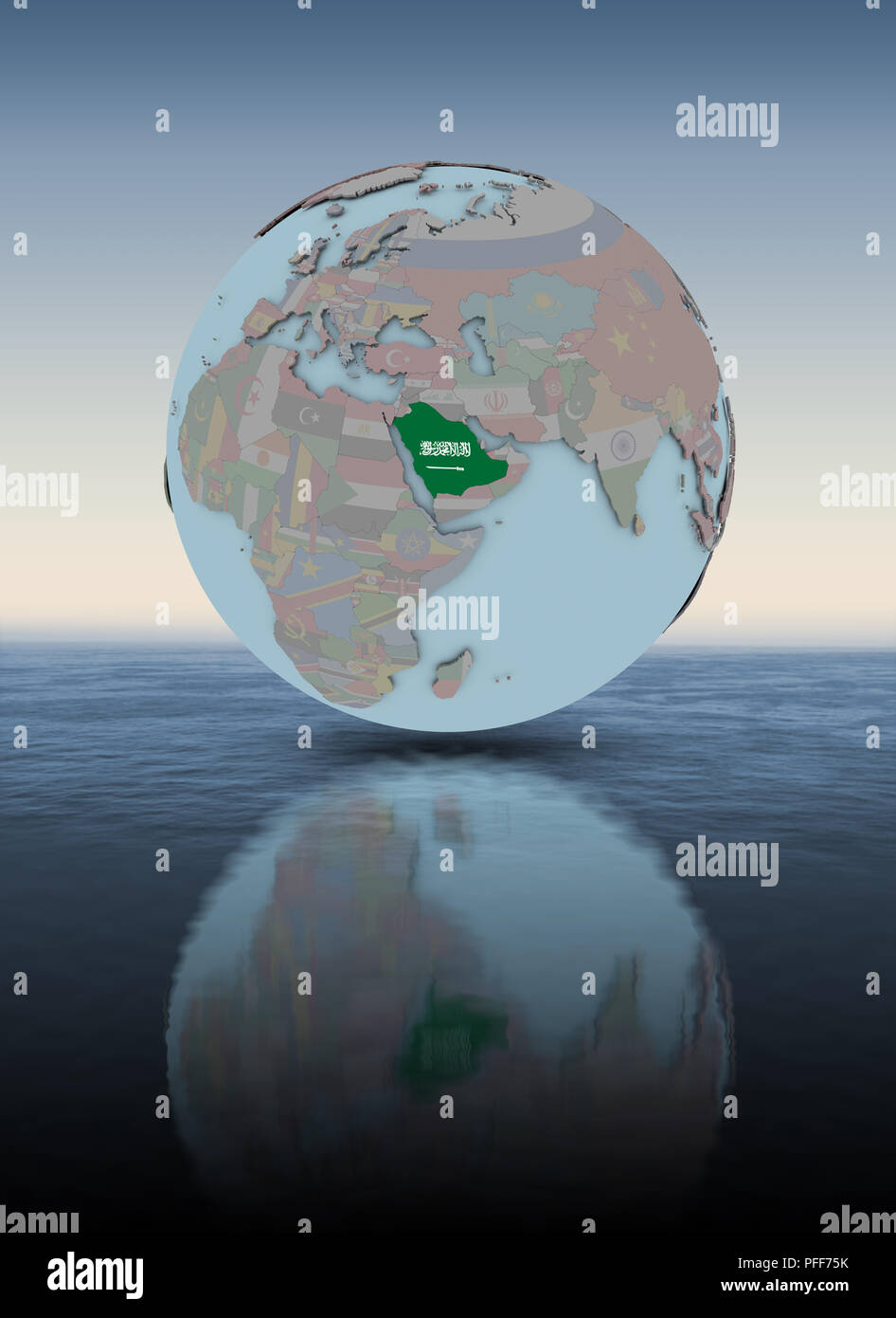 Saudi Arabia with national flag on globe above water surface. 3D ...