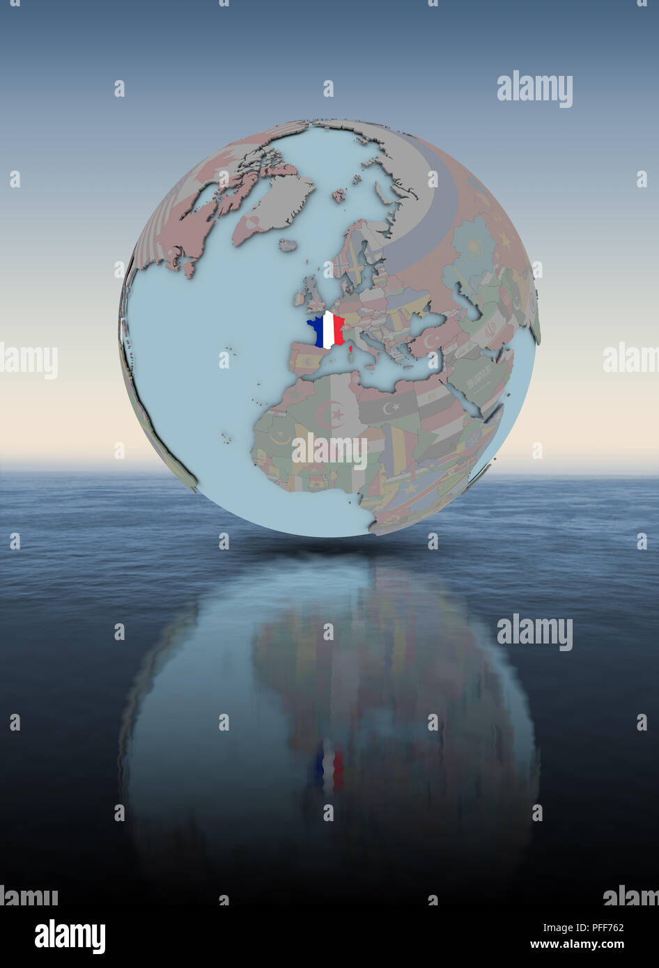 France with national flag on globe above water surface. 3D illustration ...