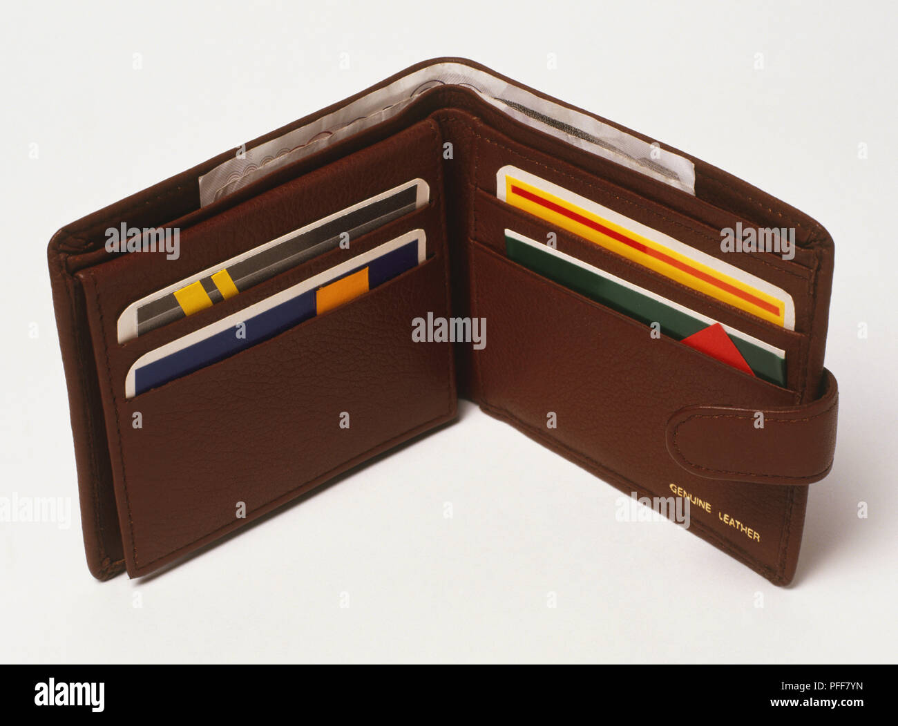 Open brown leather wallet, front view Stock Photo - Alamy