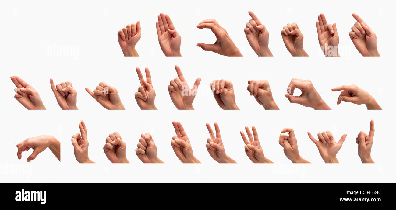 Hands demonstrating the complete US manual alphabet, gesturing the ...