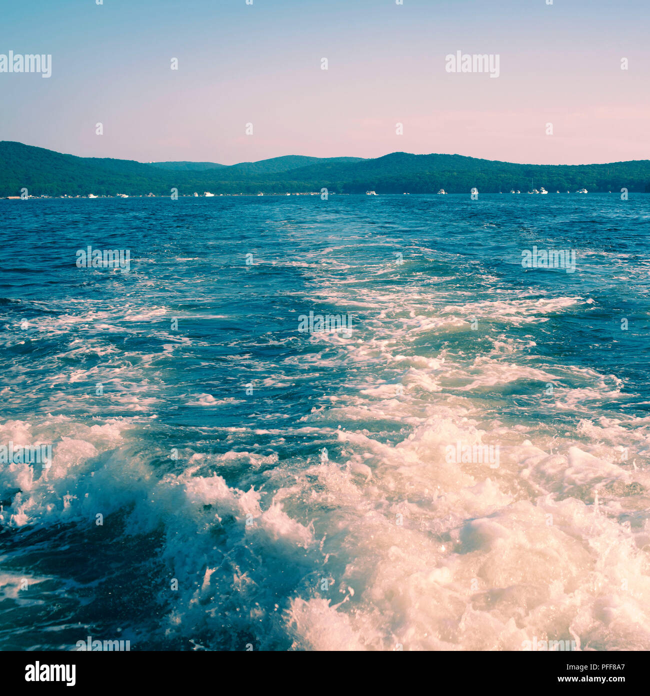 Sea landscape hills horizon sky fog nature. Natural background ...