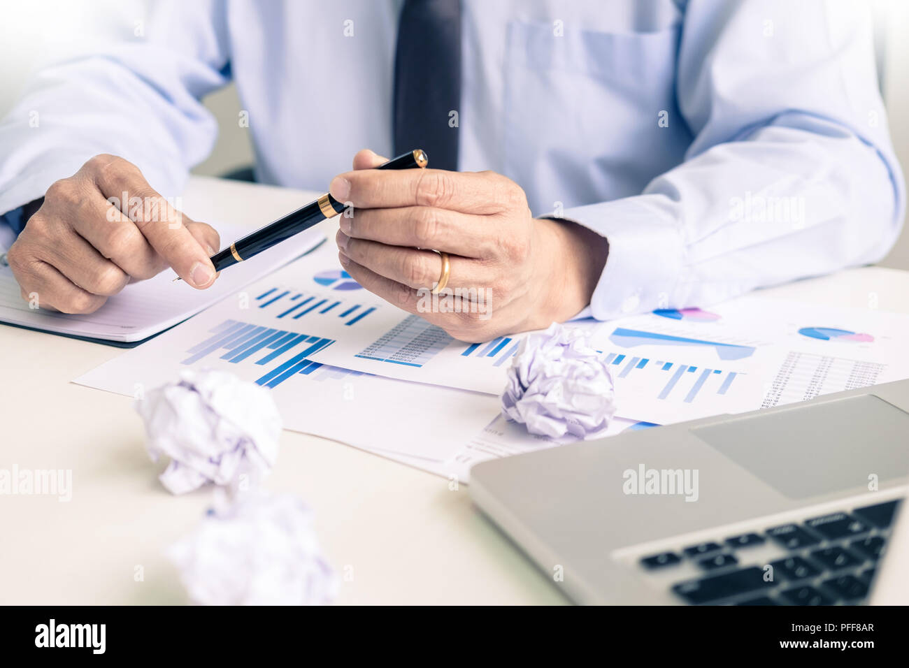 Depressed failure and tired businessman late sad and solving problem in ...