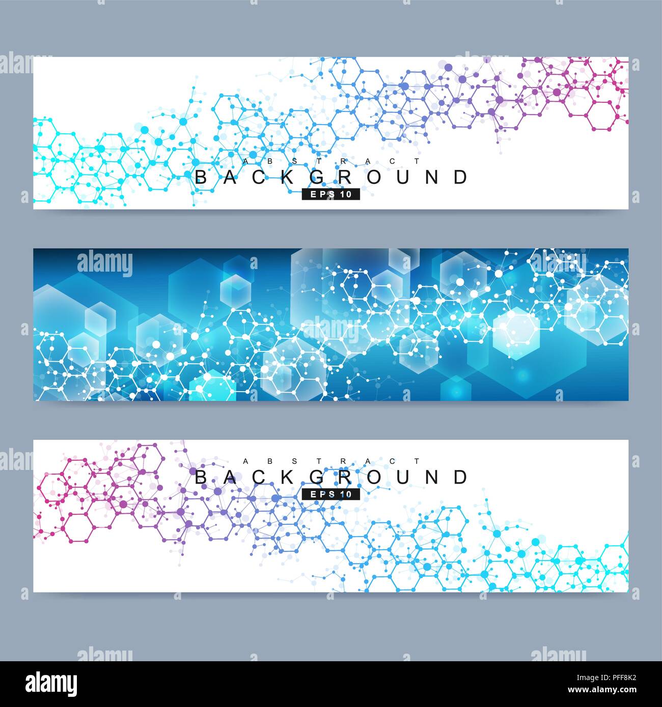 Scientific set of modern vector banners. DNA molecule structure with connected lines and dots ...
